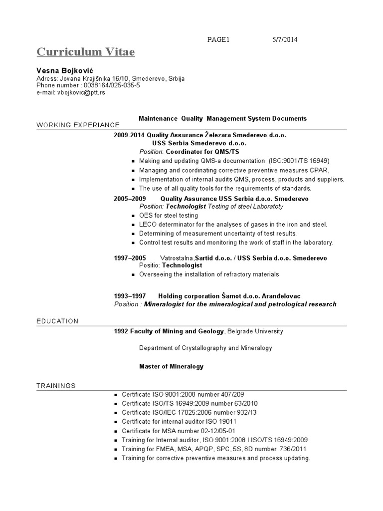 Vesna Bojkovic-CV English | PDF | Iso 9000 | Quality Management System