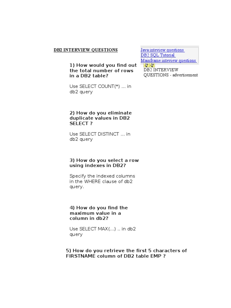 Db2 Interview Questions Advertisement Java Inteview Questions Db2 Sql Tutorial Mainframe
