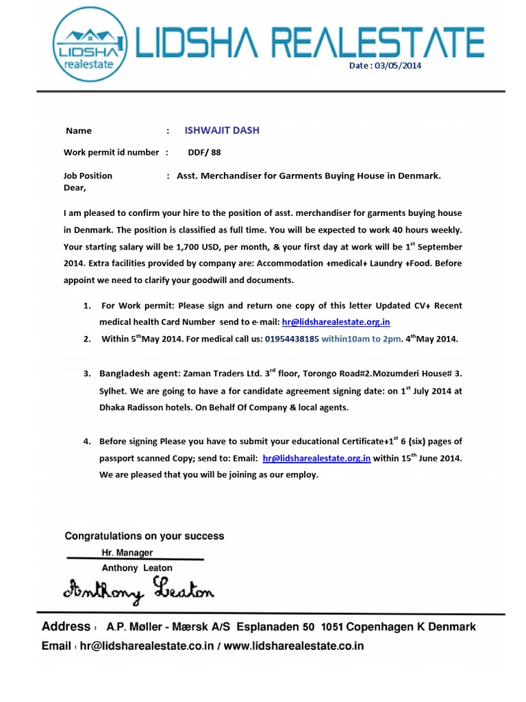 Work Permit Letter For Denmark. | PDF | Business | Medicine