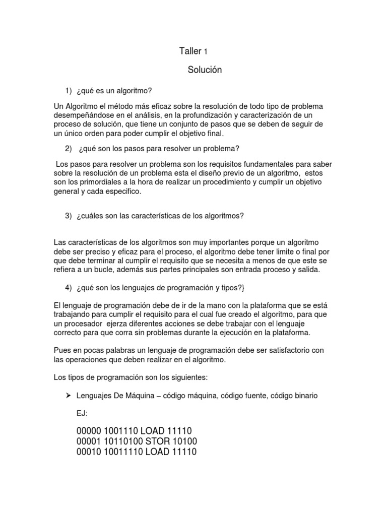 Taller 1 Algoritmo | PDF | Algoritmos | Lenguaje de programación