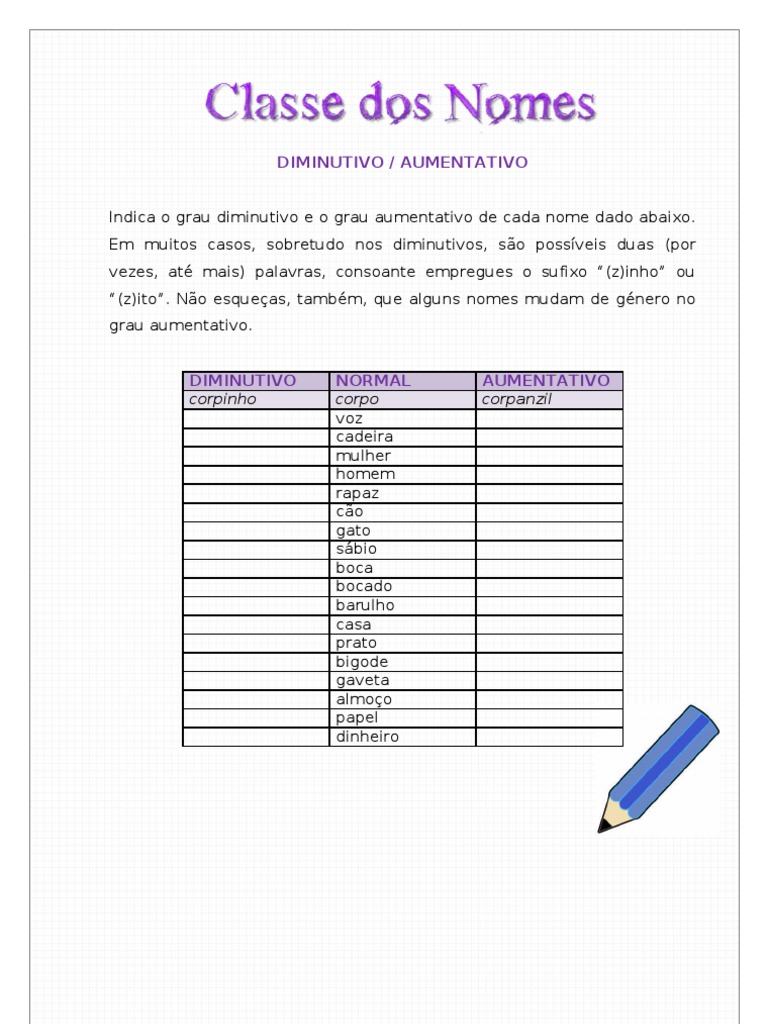 Diminutivos e Aumentativos de Nomes Comuns | PDF