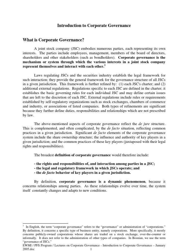 Introduction To Corporate Governance | PDF | Joint Stock Company ...
