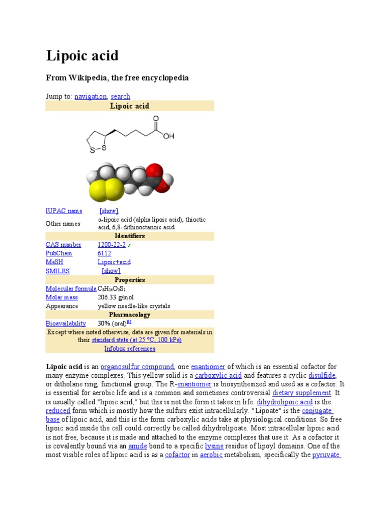 Lipoic Acid: From Wikipedia, The Free Encyclopedia | PDF | Structural ...