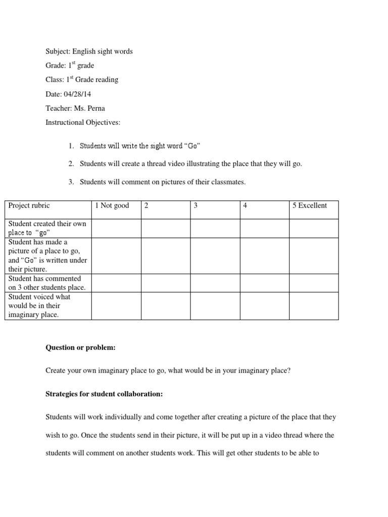 1st Grade Sight Words Project: "Go" | PDF