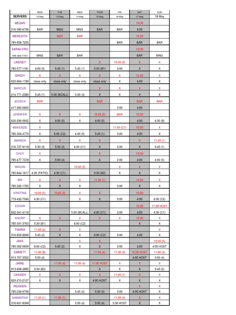 Weekly Server Schedule Overview | PDF