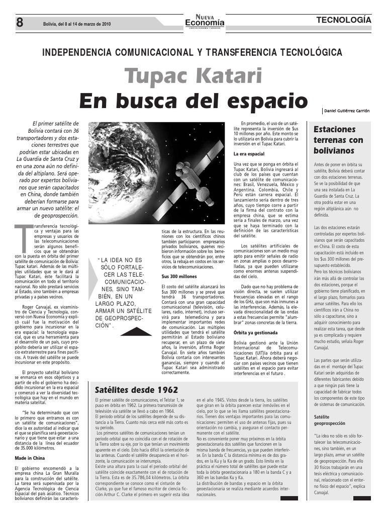 Tupac Katari PDF | PDF | Satélite de Comunicaciones | Satélite