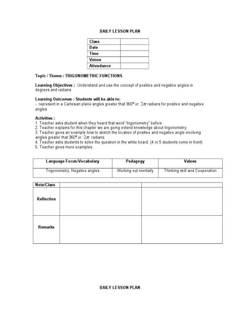 Trigo Lesson Plan | PDF | Trigonometric Functions | Trigonometry