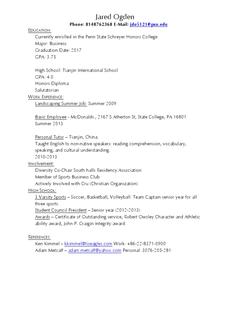 Jared Ogden Resume Education Experience Pdf