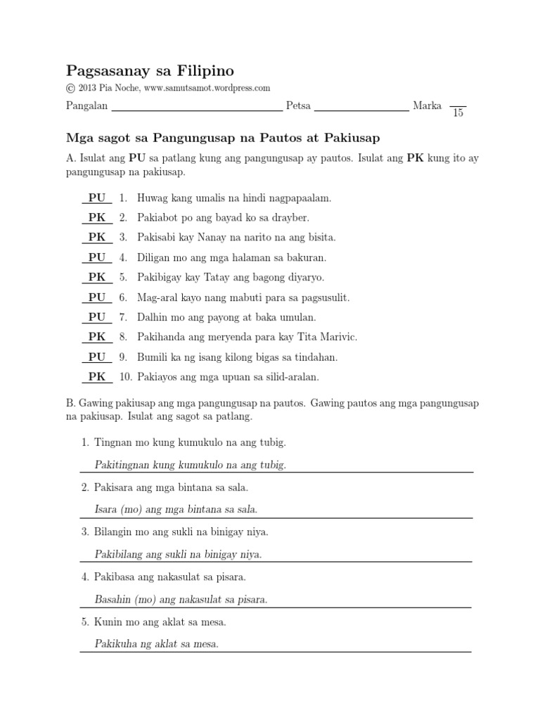 Mga Sagot Sa Pangungusap Na Pautos at Pakiusap 1 | PDF