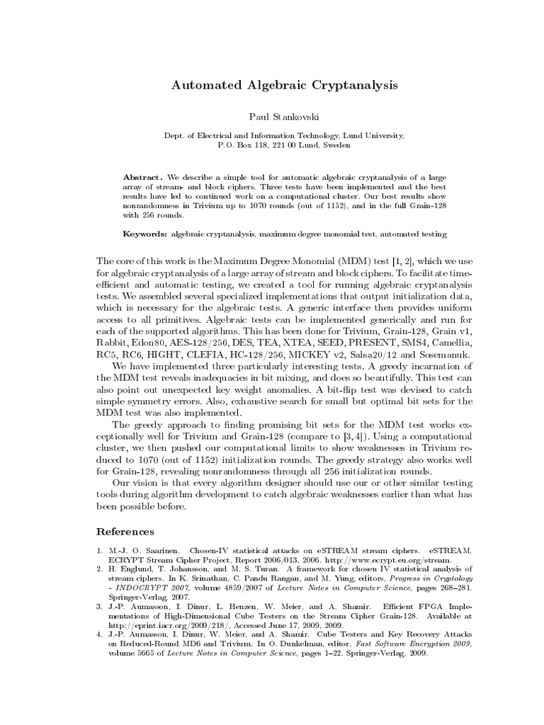 Automated Algebraic Cryptanalysis | PDF | Cryptanalysis | Cryptography