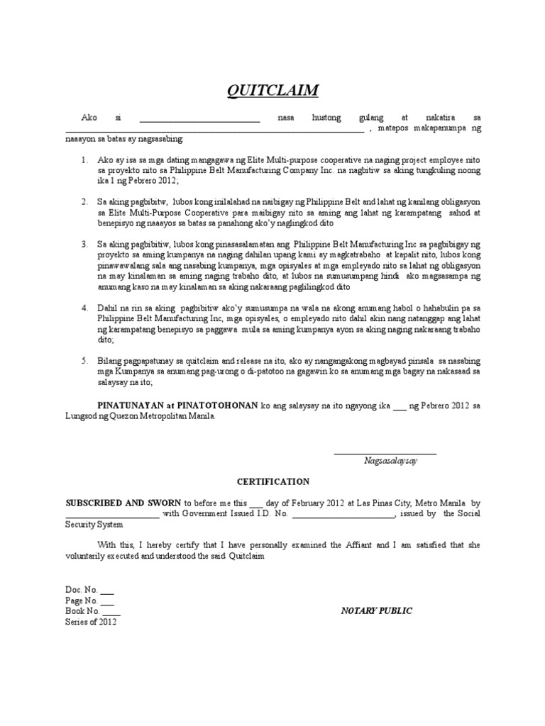 Quitclaim Plain Tagalog