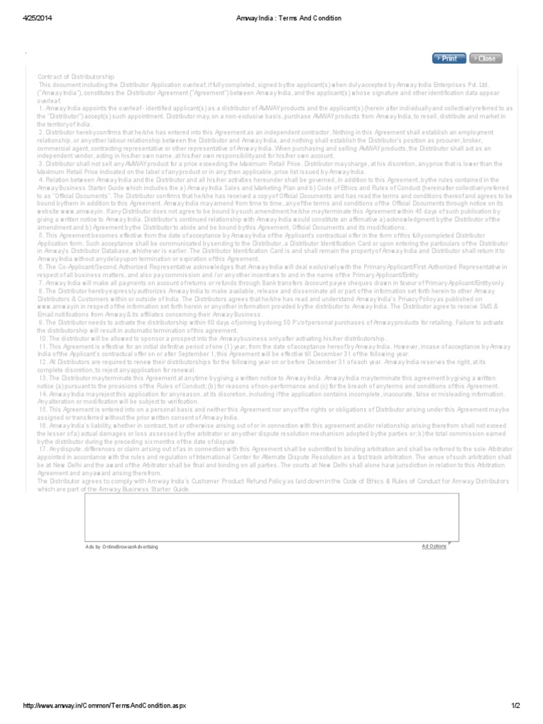Amway India - Terms and Condition | PDF | Arbitration | Cheque