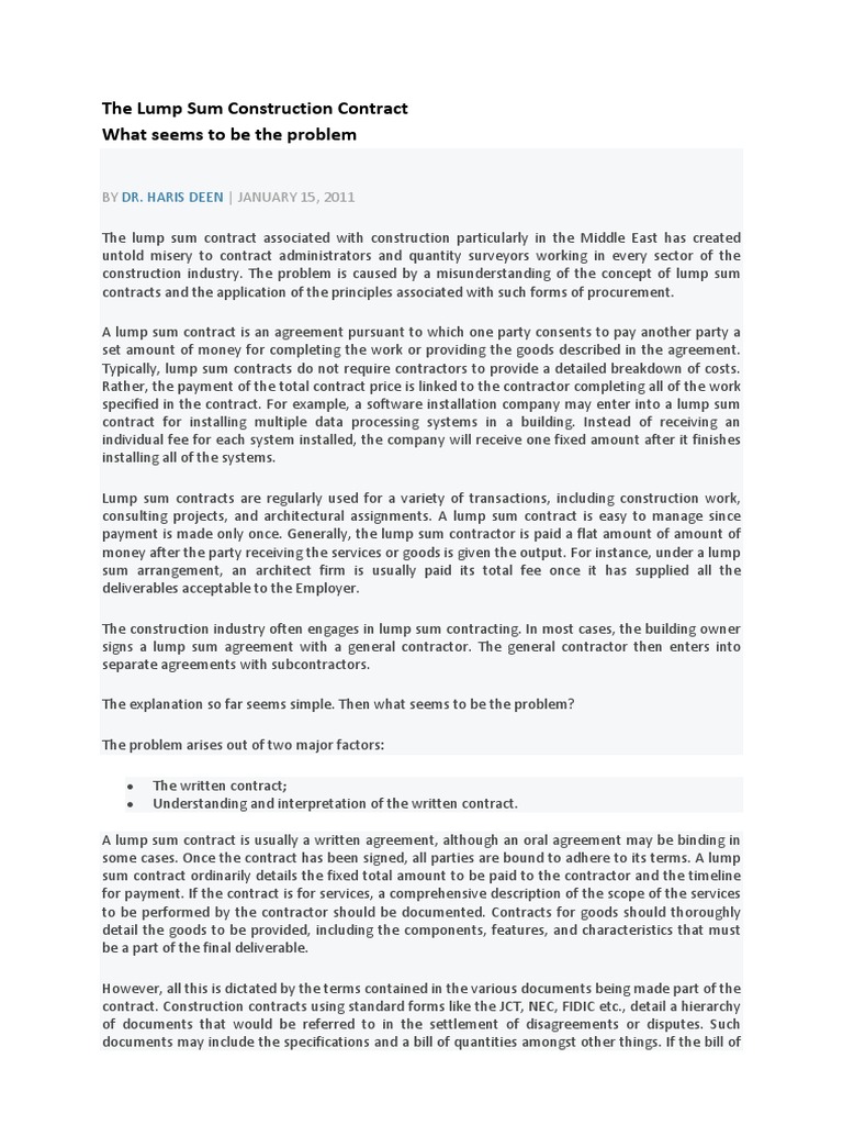 The Lump Sum Construction Contract | General Contractor | Private Law