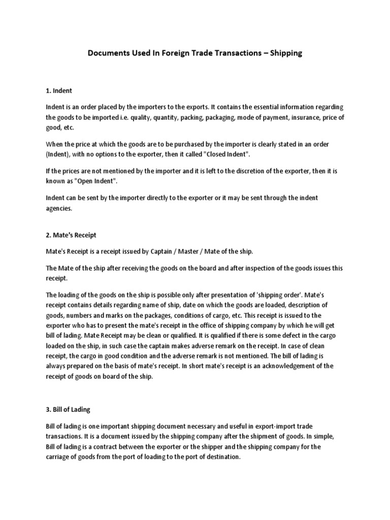 Documents Used in Foreign Trade Transactions | PDF | Bill Of Lading | Cargo