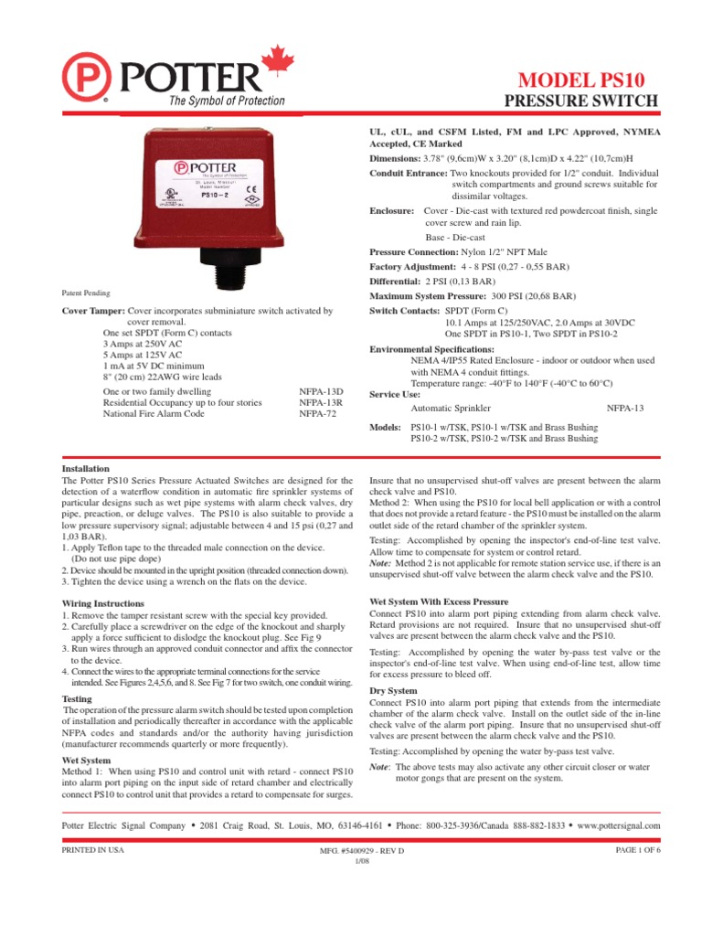 Model Ps10: Pressure Switch | PDF | Fire Sprinkler System | Switch