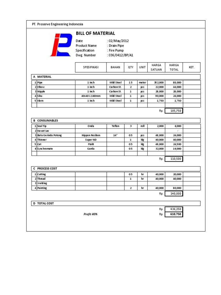Bill of Material Drain Pipe | PDF