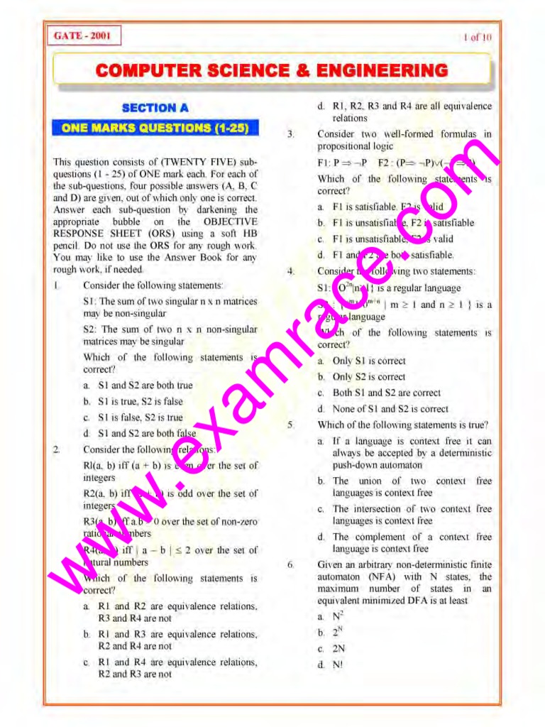 GATE Computer Science 2001 | PDF | Areas Of Computer Science | Computer ...