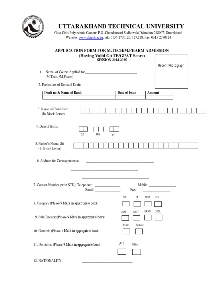 UTU MTech Application Form | Download Free PDF | Institute Of ...