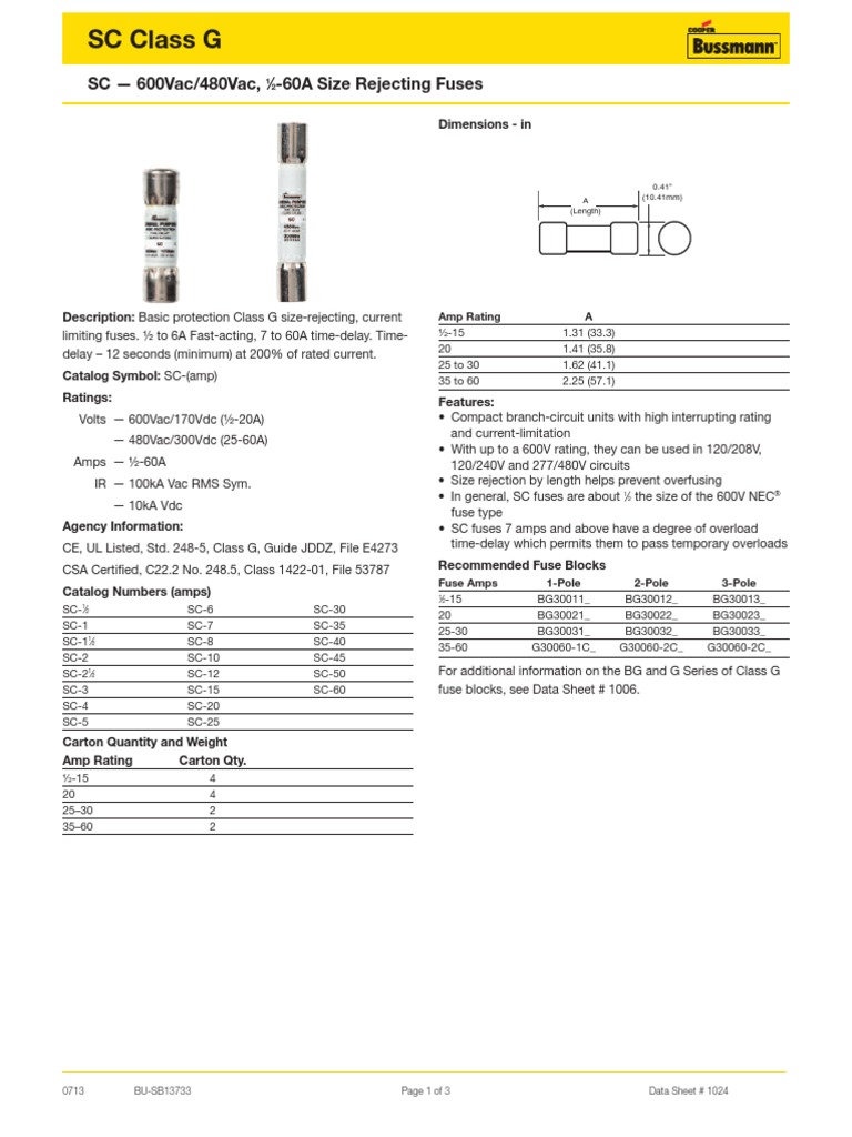 SC - 600Vac/480Vac, - 60A Size Rejecting Fuses: Dimensions - in | PDF ...