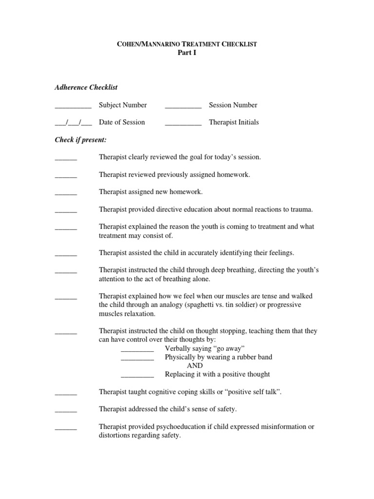 Adherence Checklist-Cohen and Mannarino-Final Dup | PDF | Psychotherapy ...