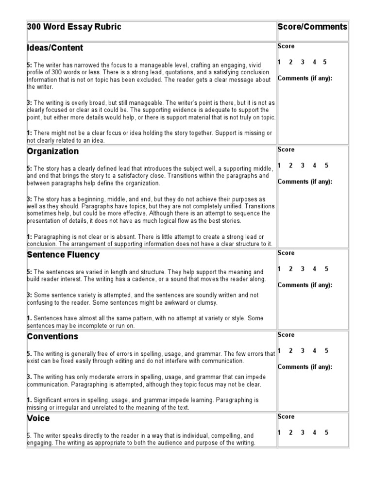 300 Word Essay Rubric Score/Comments Ideas/Content | PDF | Essays | Grammar