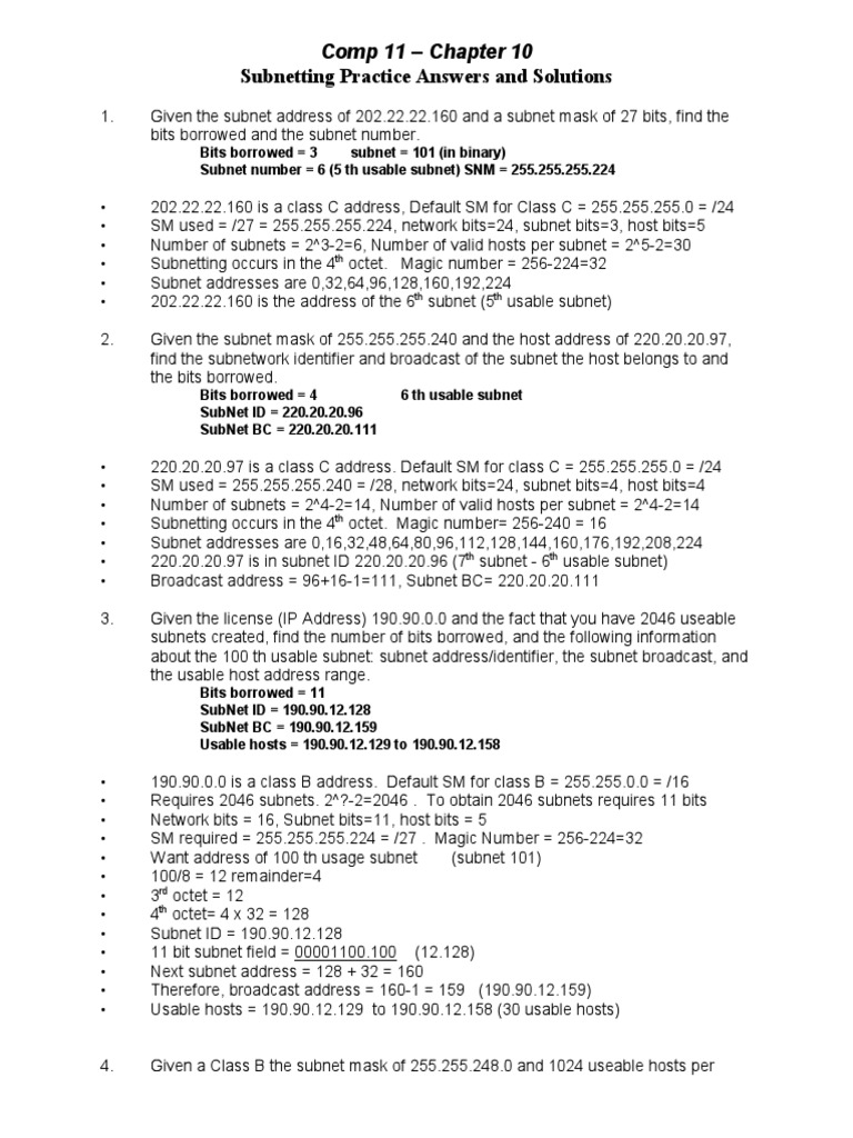 Subnetting Practice Answers And Solutions Comp 11 Chapter 10 Pdf