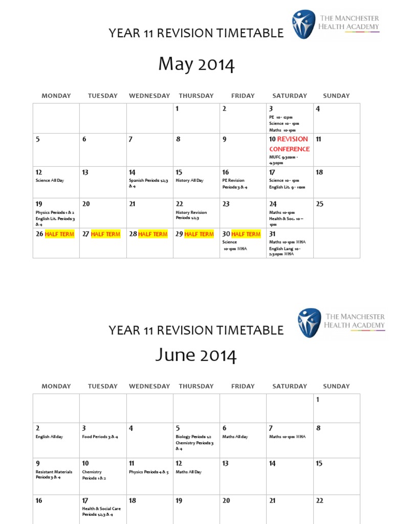 Year 11 Revision Timetable 2014 | PDF | Science & Mathematics