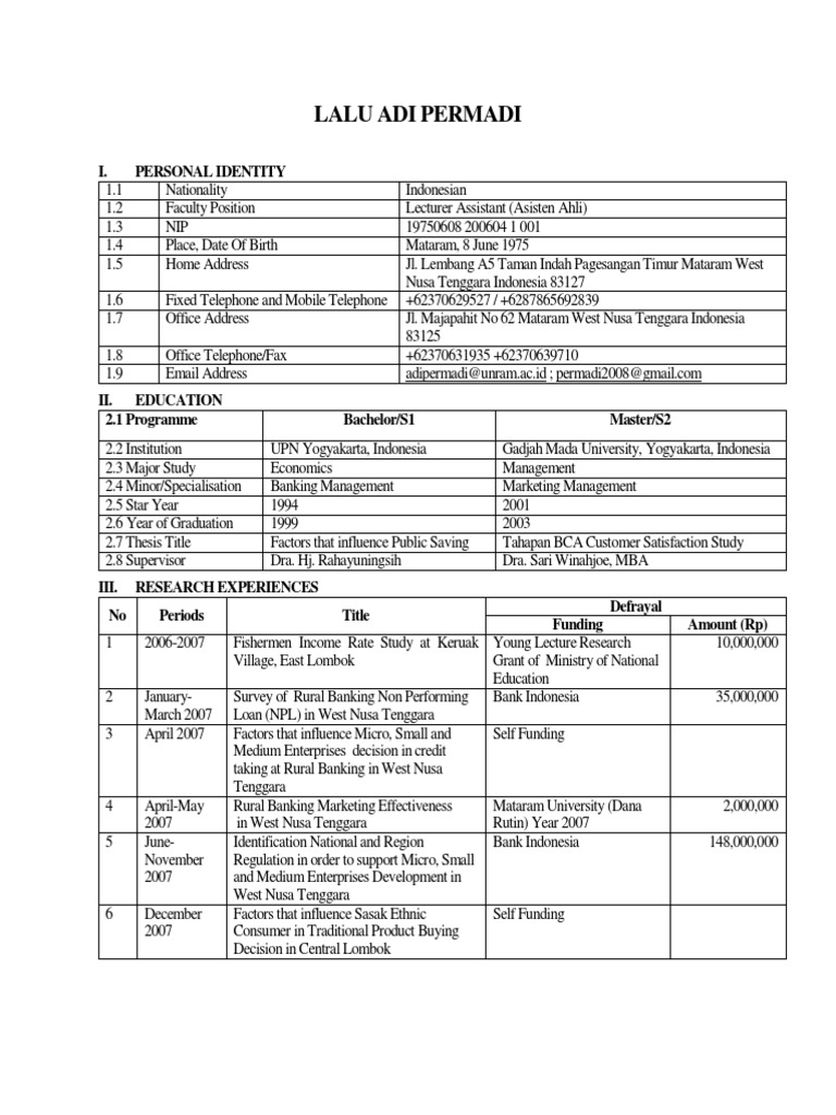 L. Adi Permadi Curriculum Vitae | PDF | Indonesia | Academia