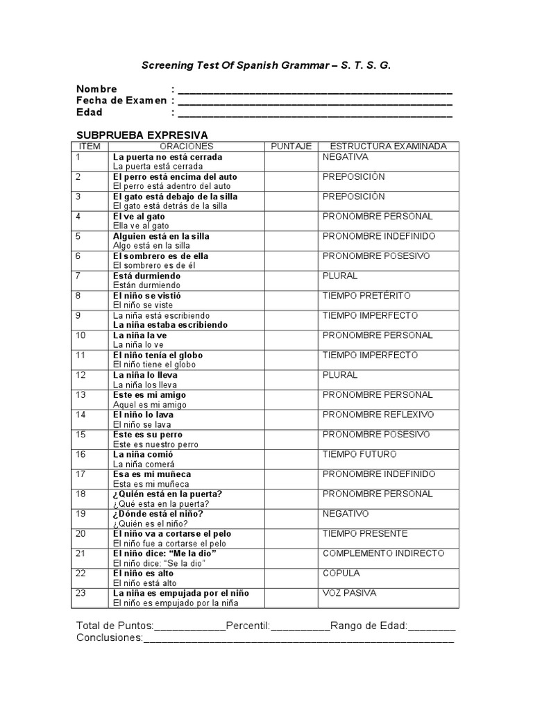 Screening Test of Spanish Grammar (Protocolo Con Item A Evaluar) | PDF ...
