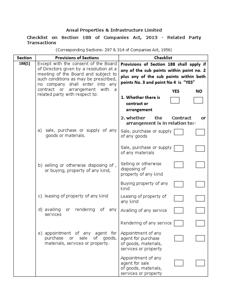 Section 188 Checklist for RPTs | PDF | Subsidiary | Property