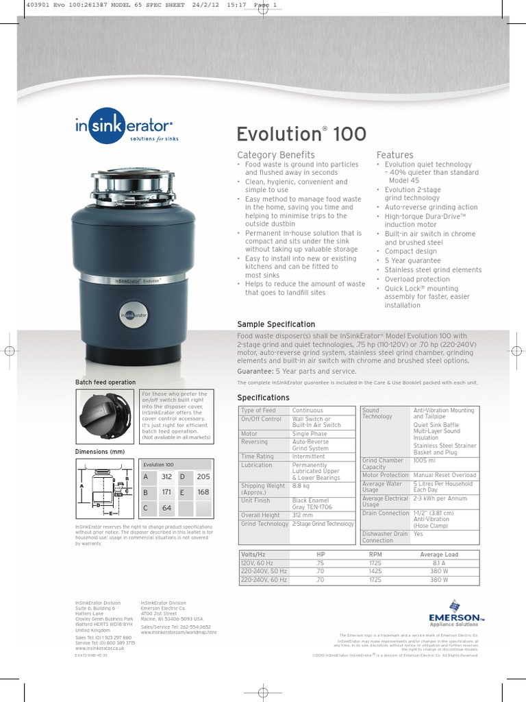 InSinkErator Model Evolution 100 Food Waste Disposer | PDF | Waste | Nature