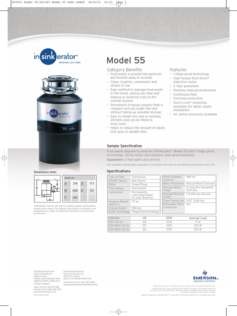 InSinkErator Model 55 Food Waste Disposer | PDF | Waste | Environment