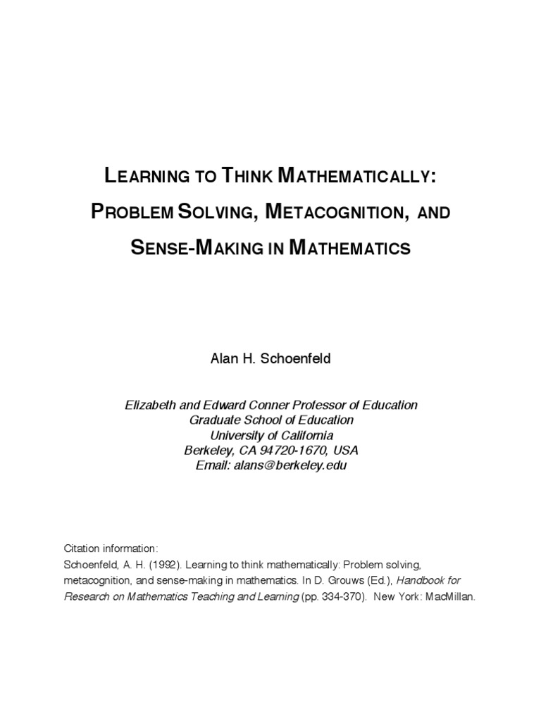 Learning To Think Mathematically by Schoenfeld | PDF | Metacognition ...
