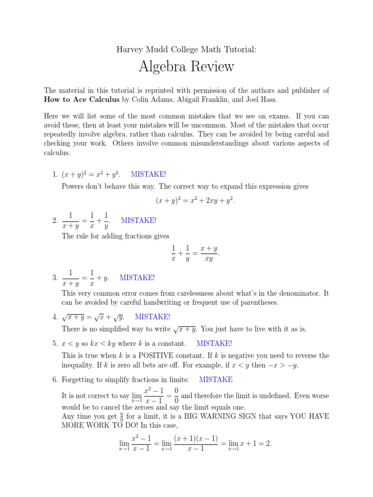 Algebra Review: Harvey Mudd College Math Tutorial | PDF | Fraction (Mathematics) | Teaching ...