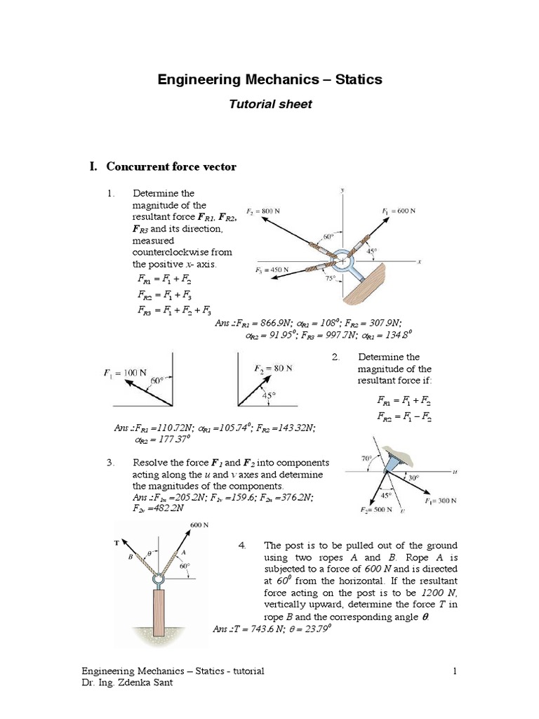 1 Tutorial Concurrent Forces Pdf Cartesian Coordinate System Euclidean Vector
