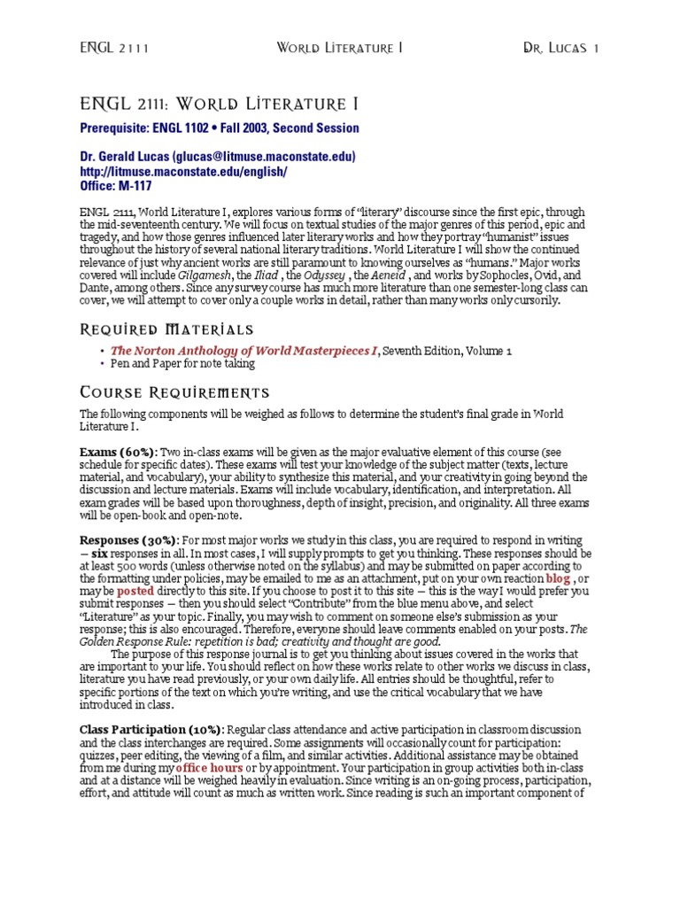 World Literature I Course Overview | PDF | Homework | Plagiarism