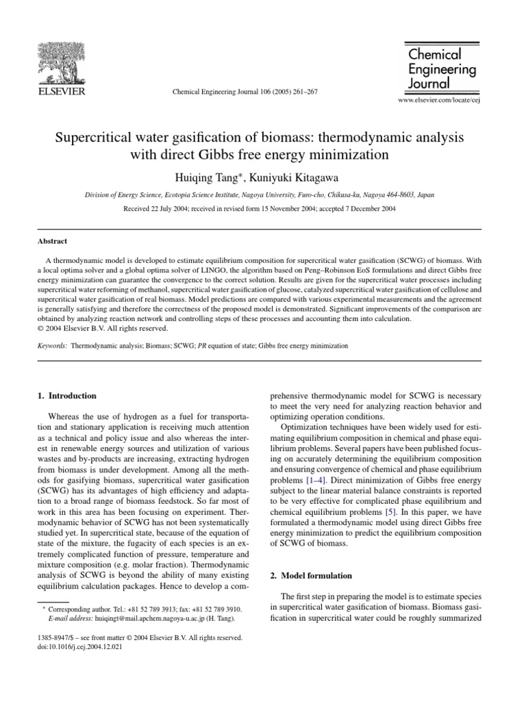 Supercritical Water Gasification of Biomass Thermodynamic Analysis ...
