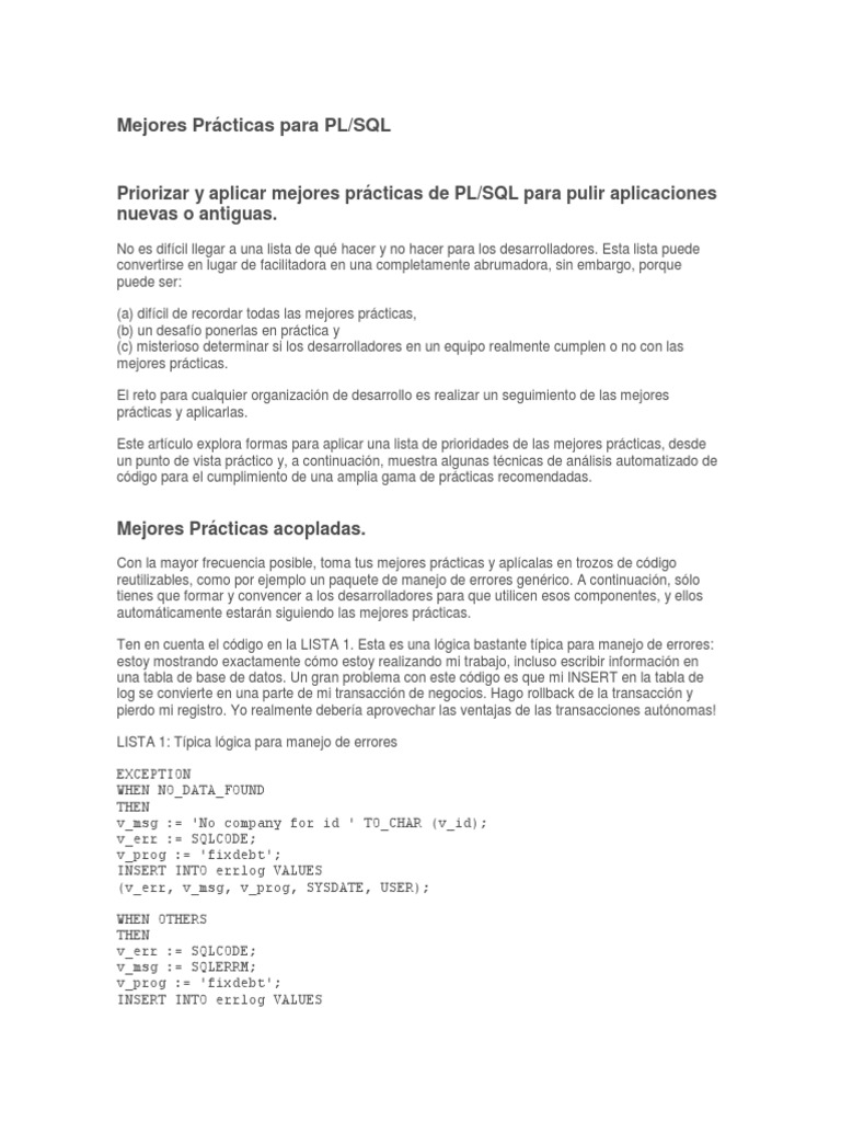 Mejores Prácticas para PL SQL | PDF | SQL | Programa de computadora