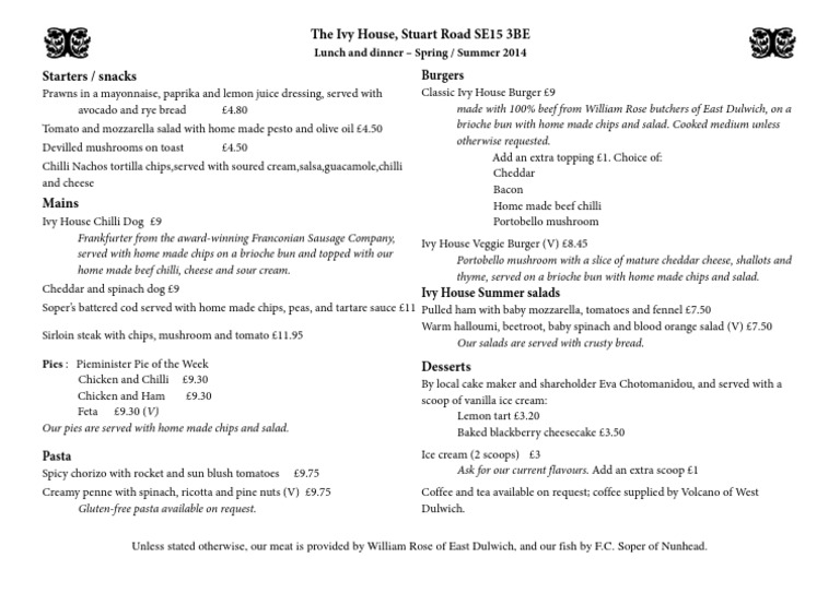 Food Menu Ivy House | PDF