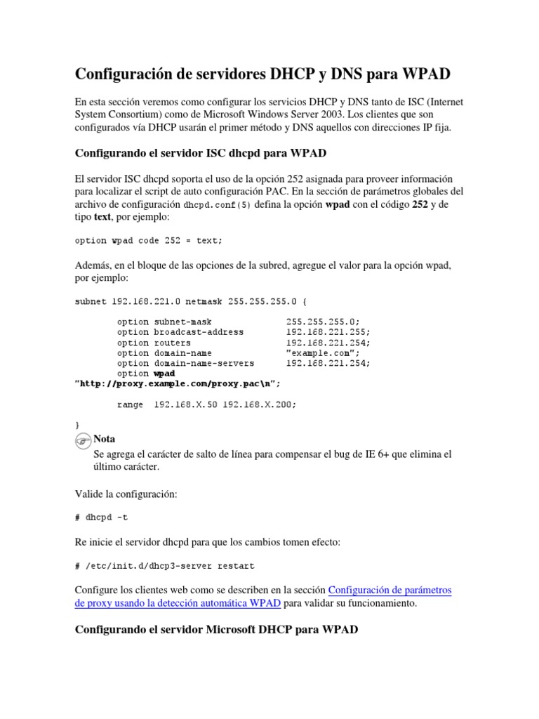 Configuración de Servidores DHCP y DNS para WPAD PDF | PDF | Servidor web | Internet y web