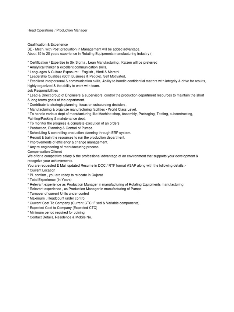 Head Operations Job Description | PDF | Business