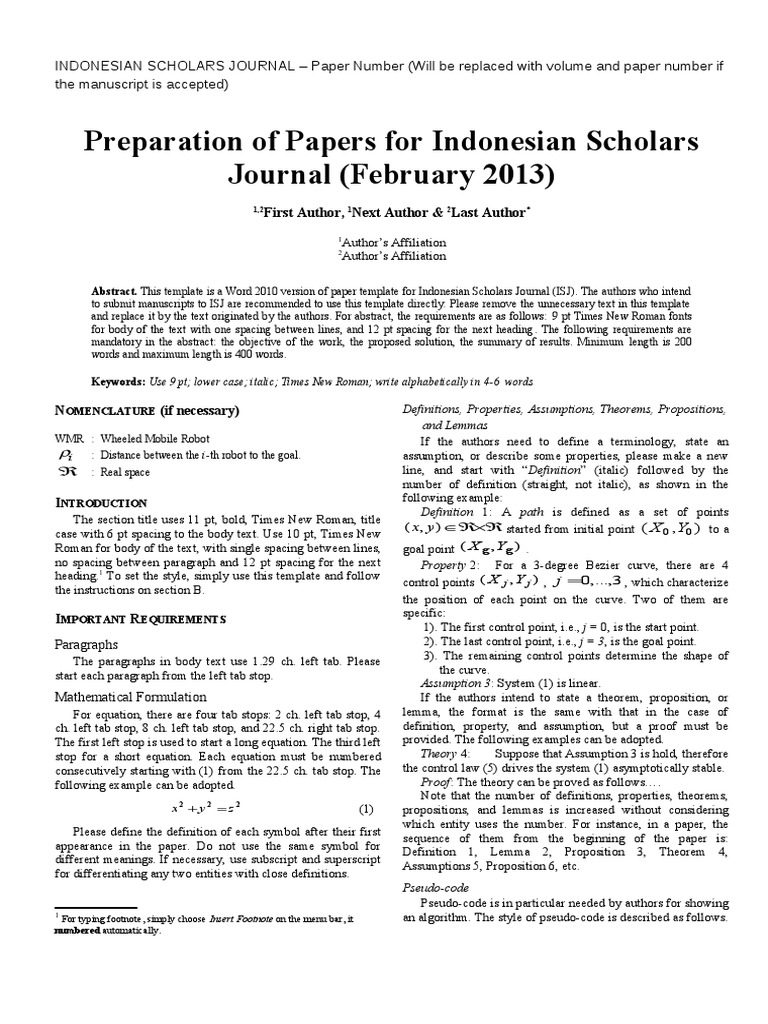 Preparation Of Papers For Indonesian Scholars Journal February 2013
