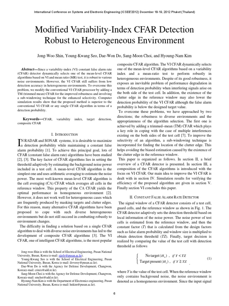 Modified Variability-Index CFAR Detection Robust To Heterogeneous Environment | PDF | Applied ...