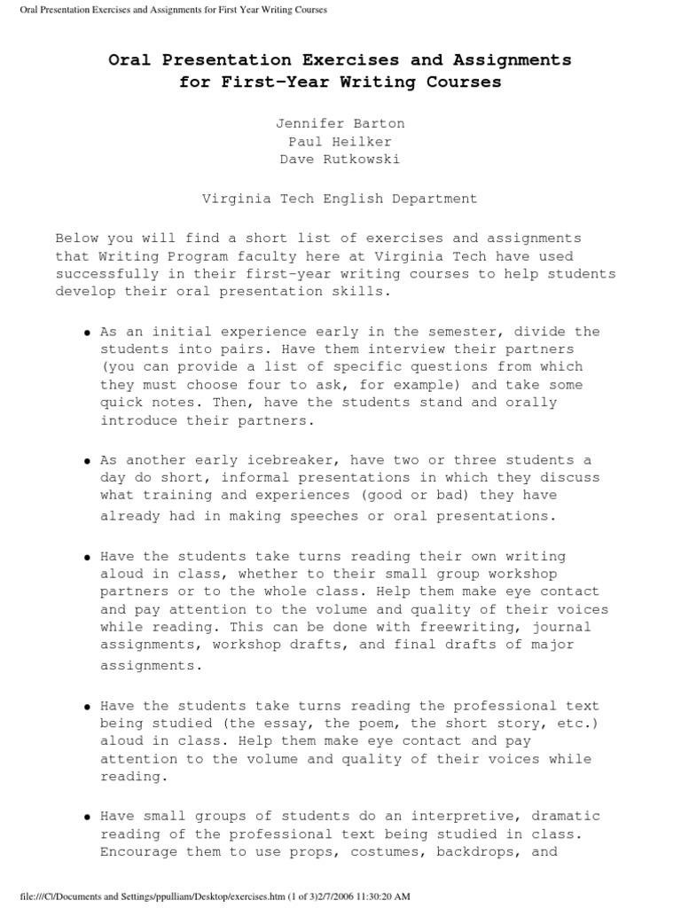 Oral Presentation Exercises and Assignments For First Year Writing Courses | PDF | Communication ...