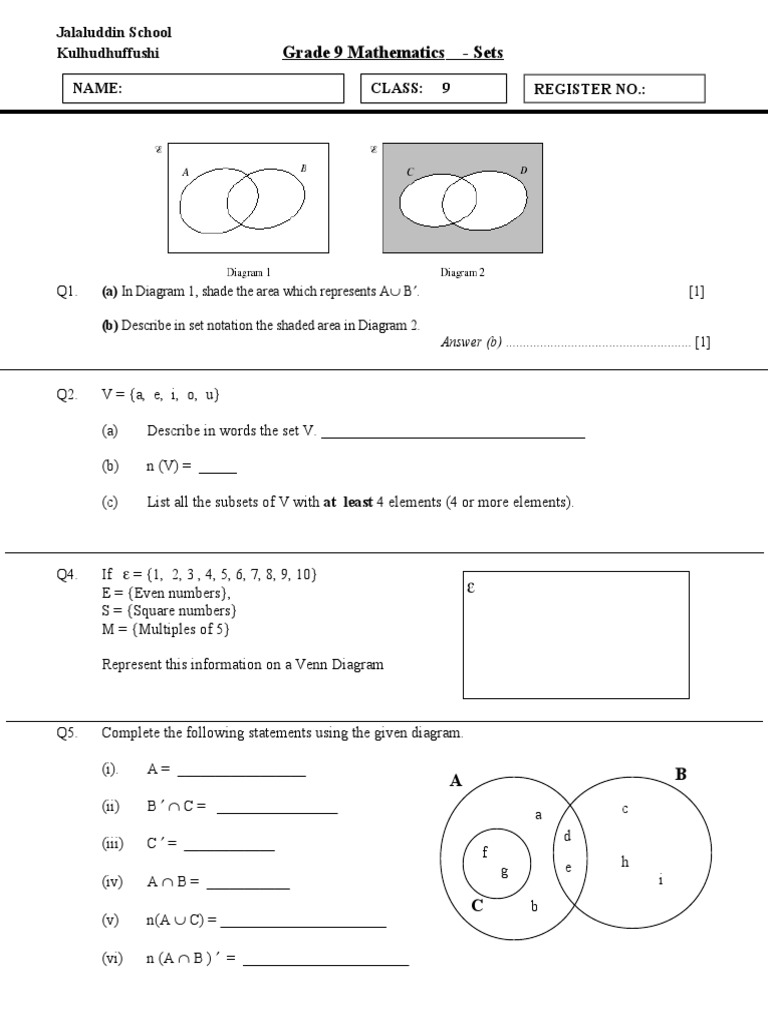 Grade 9 Sets Mathematics Worksheet | PDF