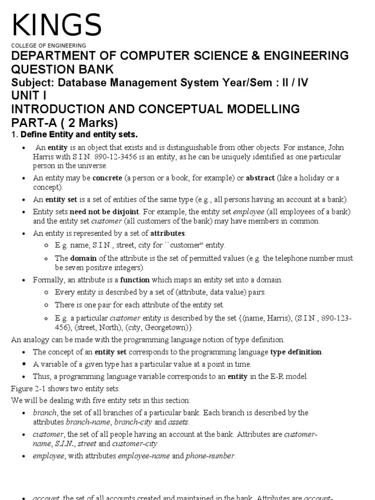 Department of Computer Science & Engineering Question Bank Unit I Introduction and Conceptual ...