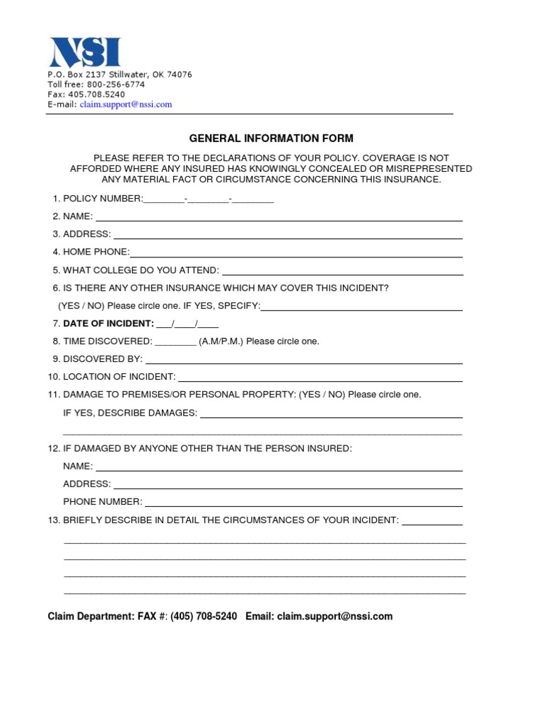 General Information Form: P.O. Box 2137 Stillwater, OK 74076 Toll Free ...