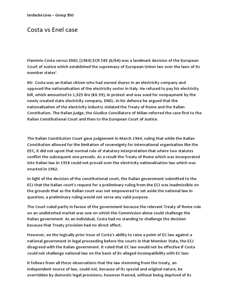 Costa Vs Enel Case | Download Free PDF | European Court Of Justice ...