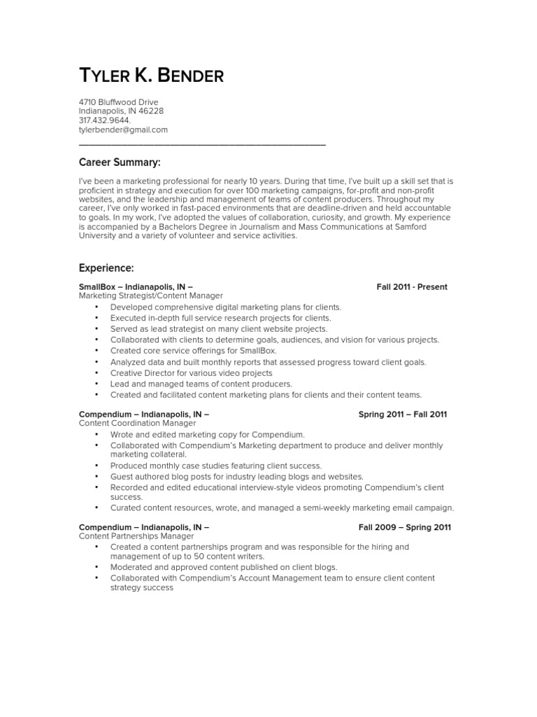 Tyler Bender Resume | PDF | Copywriting | Marketing
