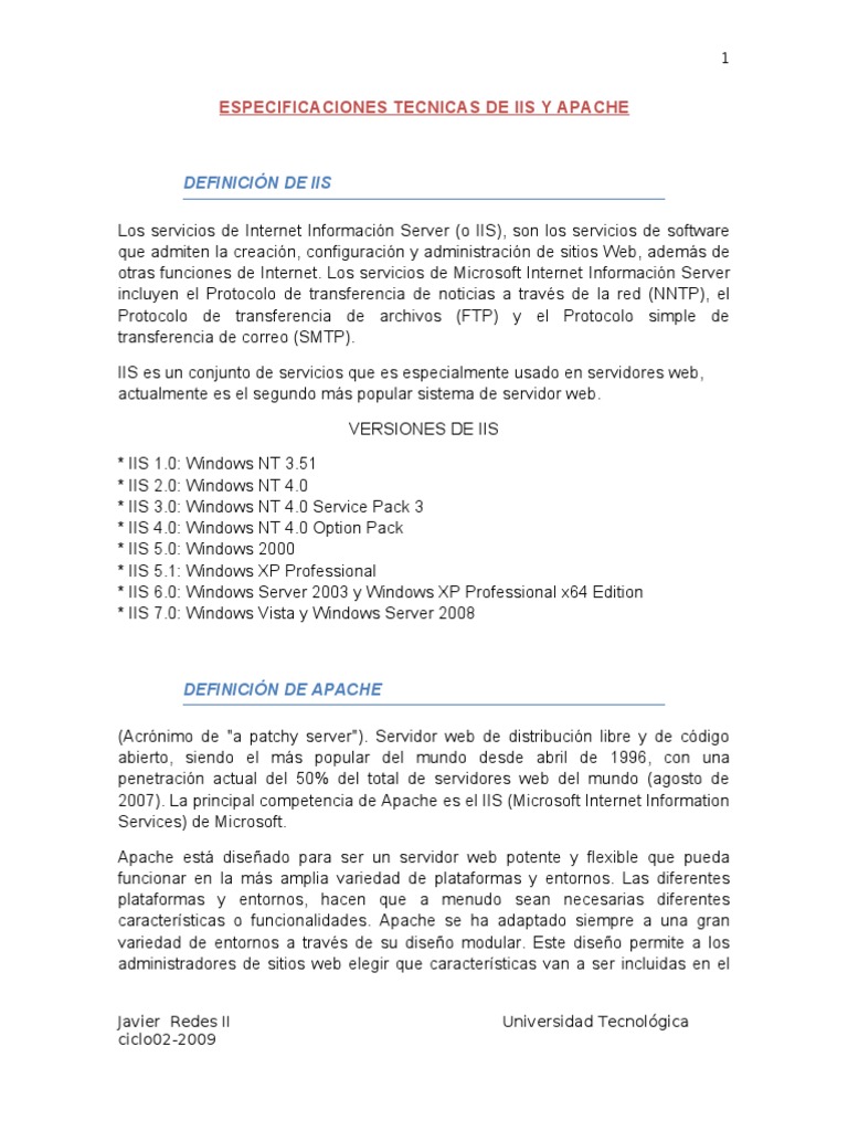 Especificaciones Tecnicas IIS Vs Apache | PDF | Servicios de ...